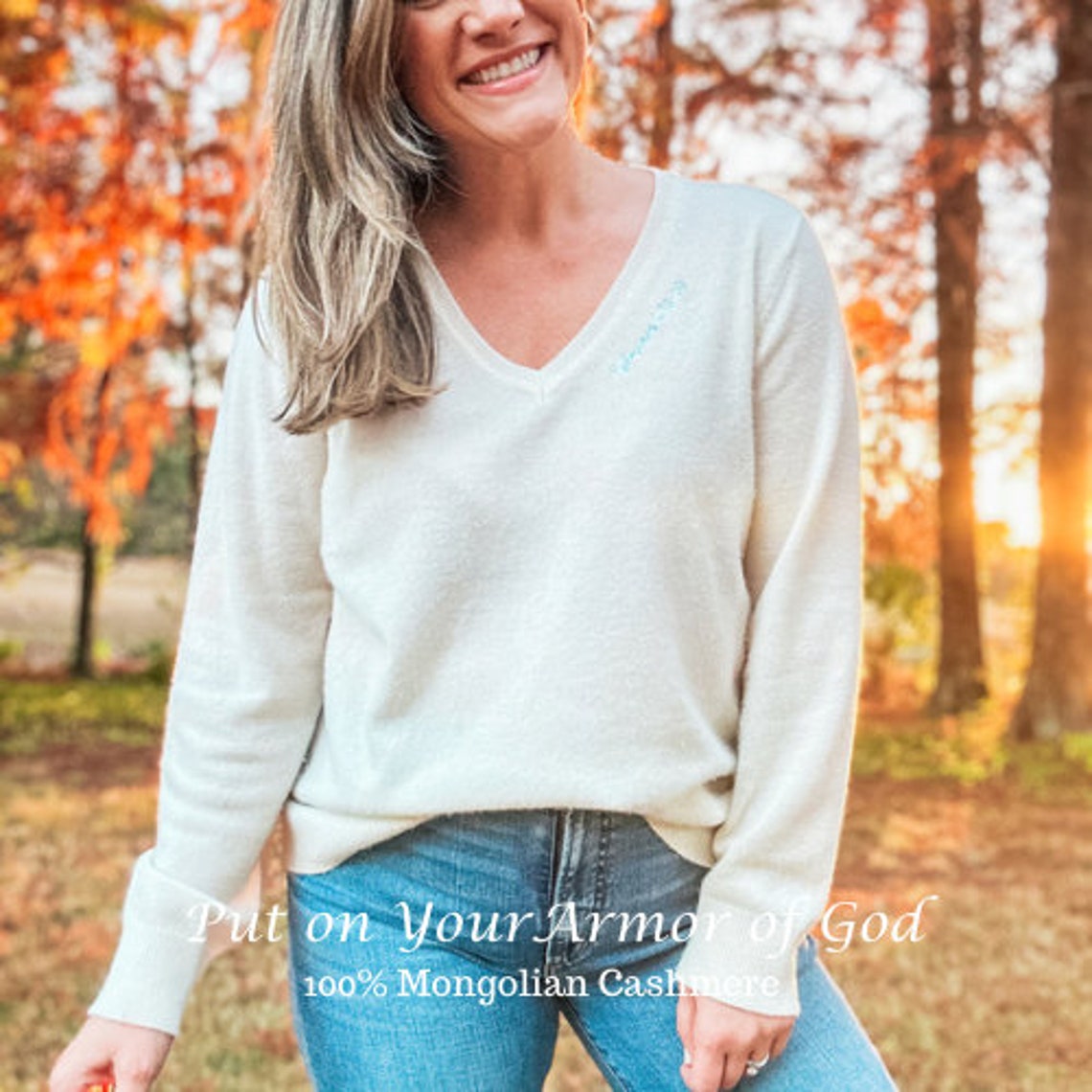 Armor of God Embroidered Cashmere Sweater Blue and Ivory Grand - Etsy