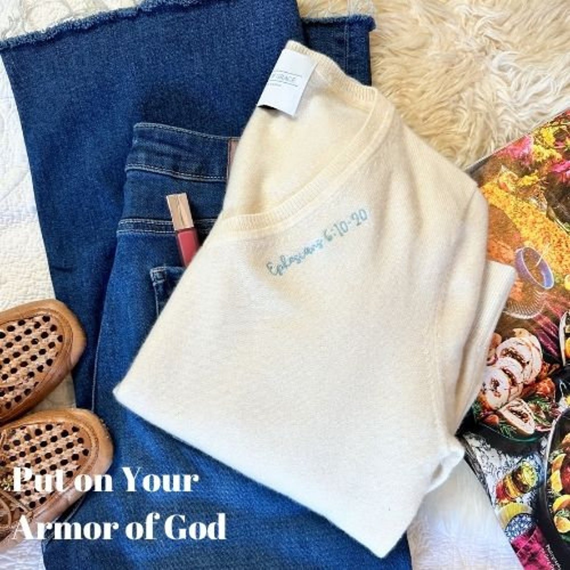 Armor of God Embroidered Cashmere Sweater Blue and Ivory Grand - Etsy