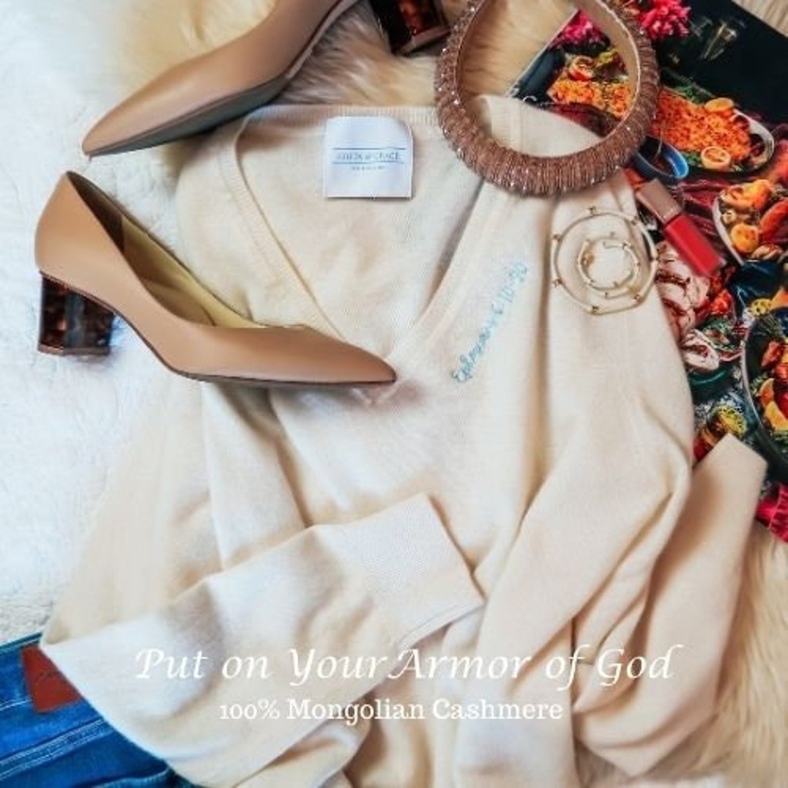 Armor of God Embroidered Cashmere Sweater Blue and Ivory Grand - Etsy