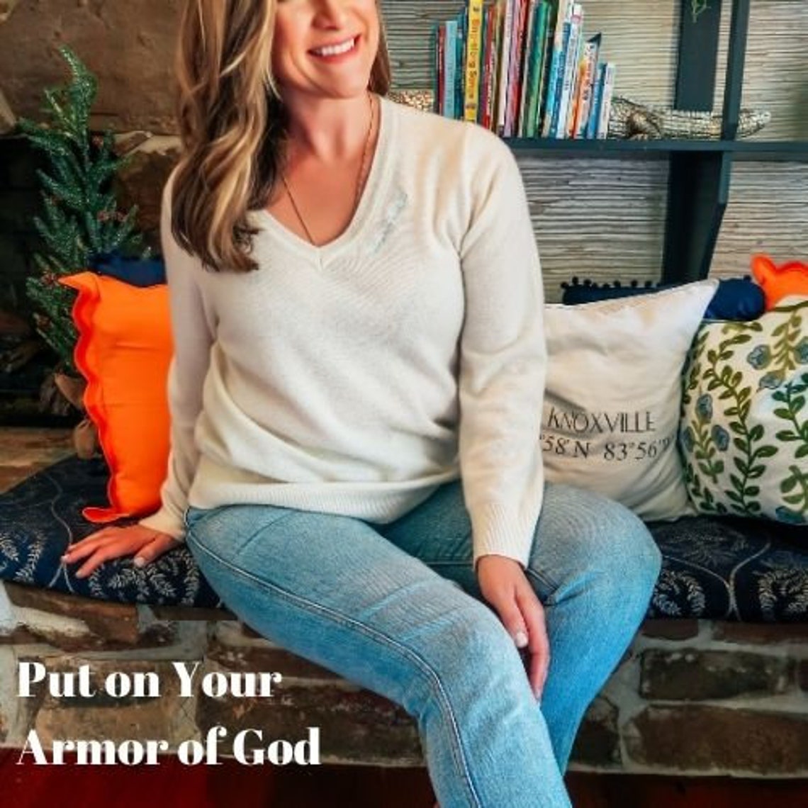 Armor of God Embroidered Cashmere Sweater Blue and Ivory Grand - Etsy