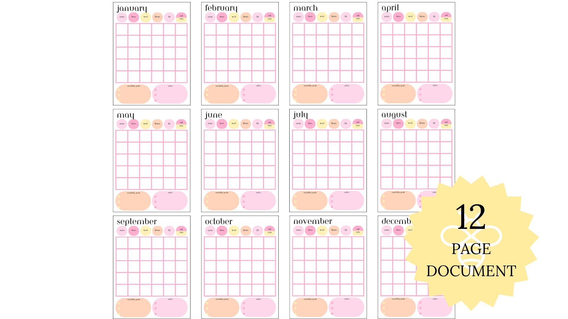 12 Month Planner, Printable, Digital Download - Etsy