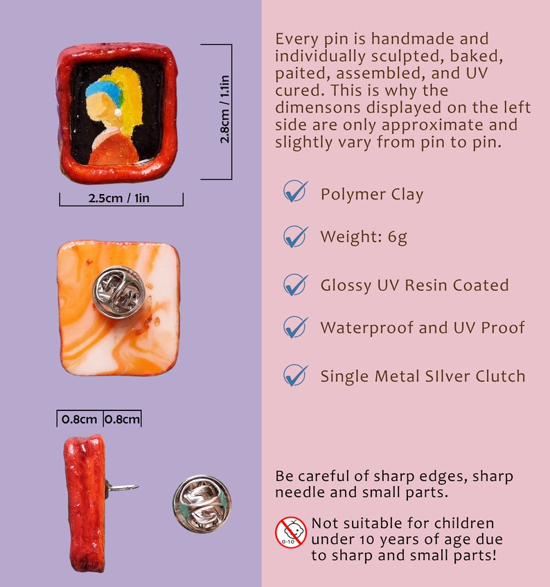 Girl With A Pearl Earring Pin, Polymer Clay Pin, Cute Handmade Painting ...