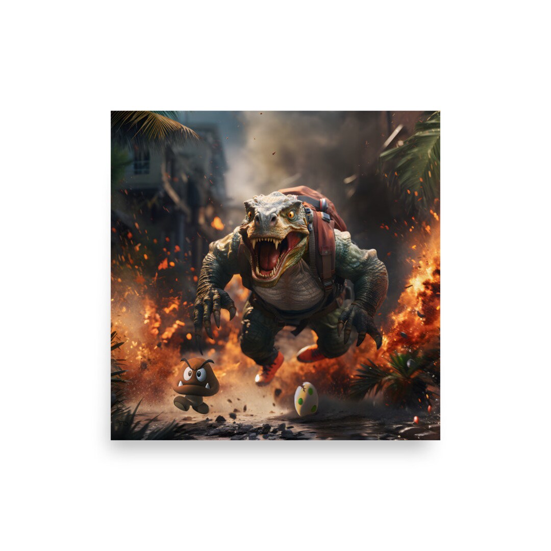 Angry Yoshi Chasing Goomba Super Mario Nintendo Art 12x12 - Etsy