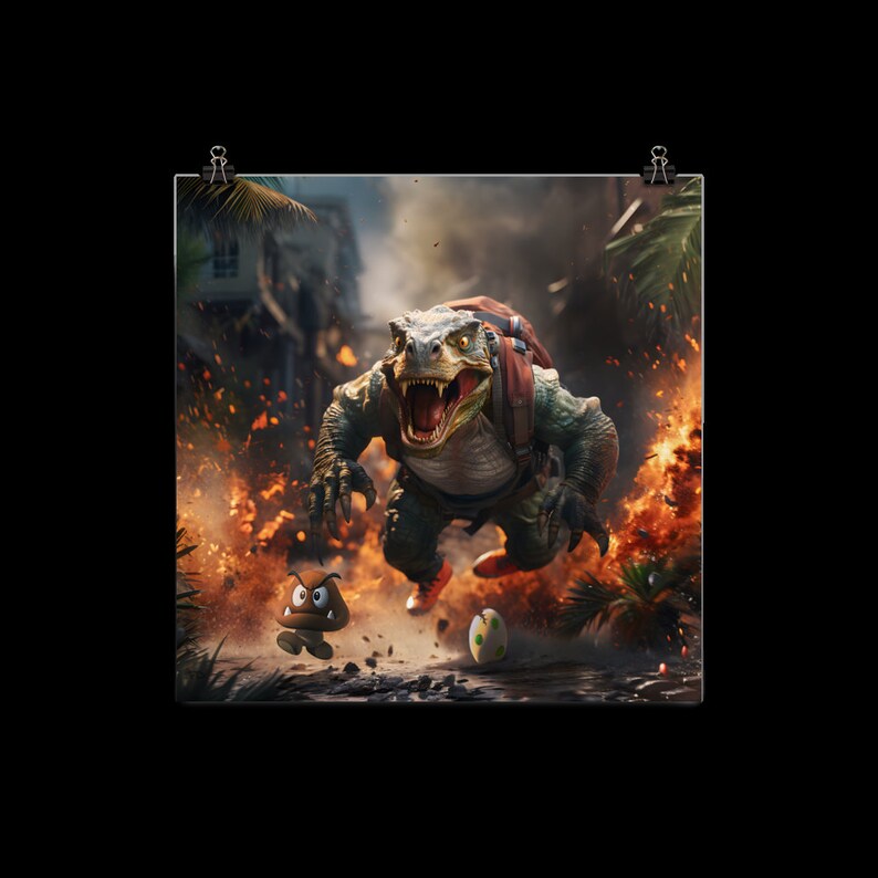 Angry Yoshi Chasing Goomba Super Mario Nintendo Art 12x12 - Etsy