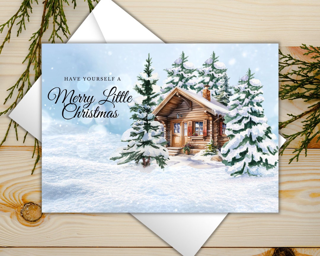 Merry Christmas, Cabin, Snow, Woods Trees, Greeting Card, Printable ...