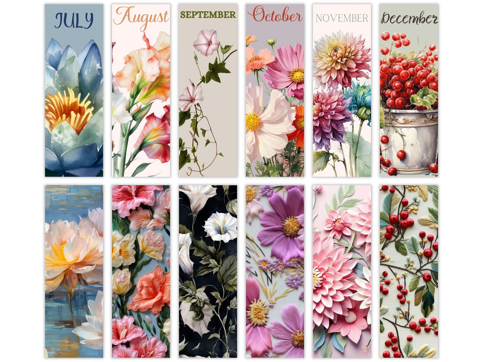 Birth Month Flower Printable Bookmarks, 12 Book of the Month Birth ...