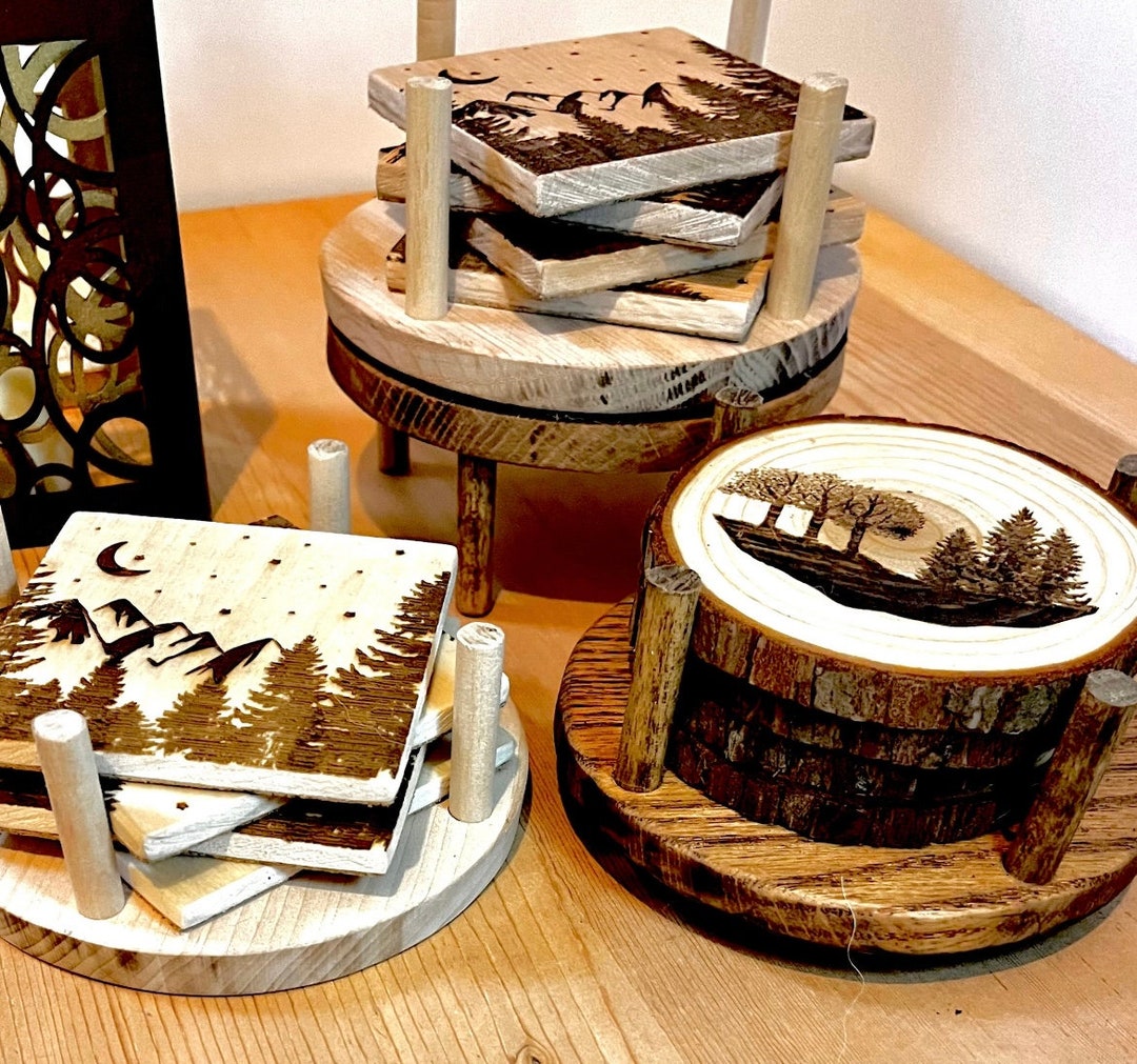 Round Wood Rustic Coaster Holder Oak, Aspen, Poplar Coffee Table Nature ...