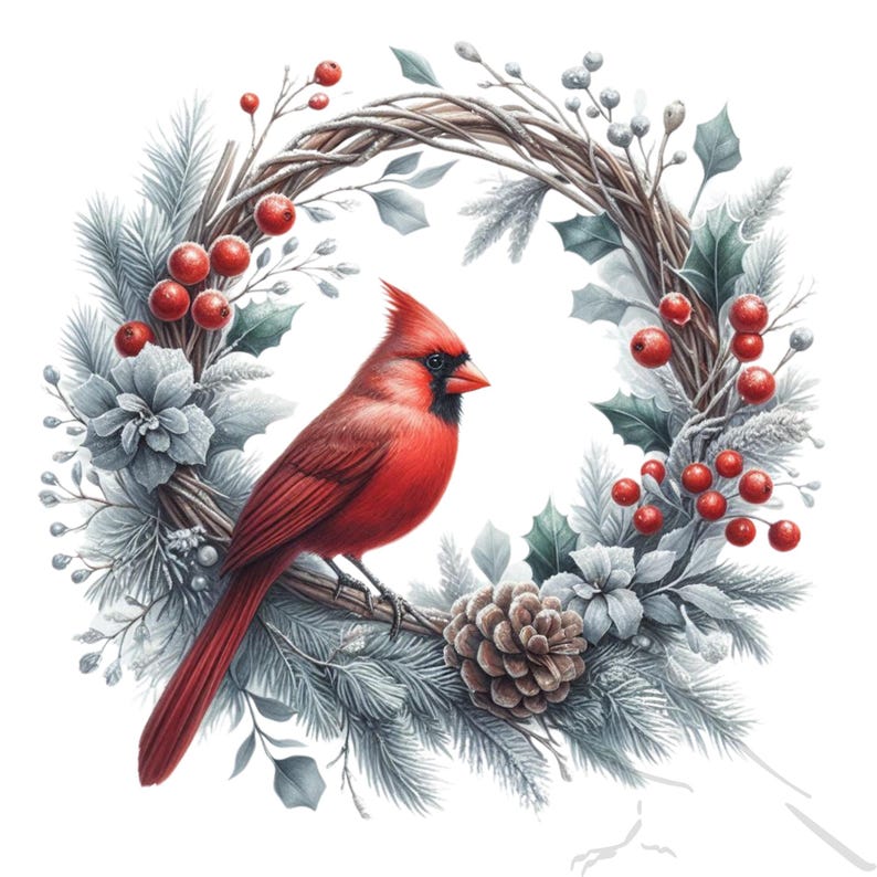 Cardinal Christmas Wreath Clipart: Watercolor Flowers (commercial Use ...