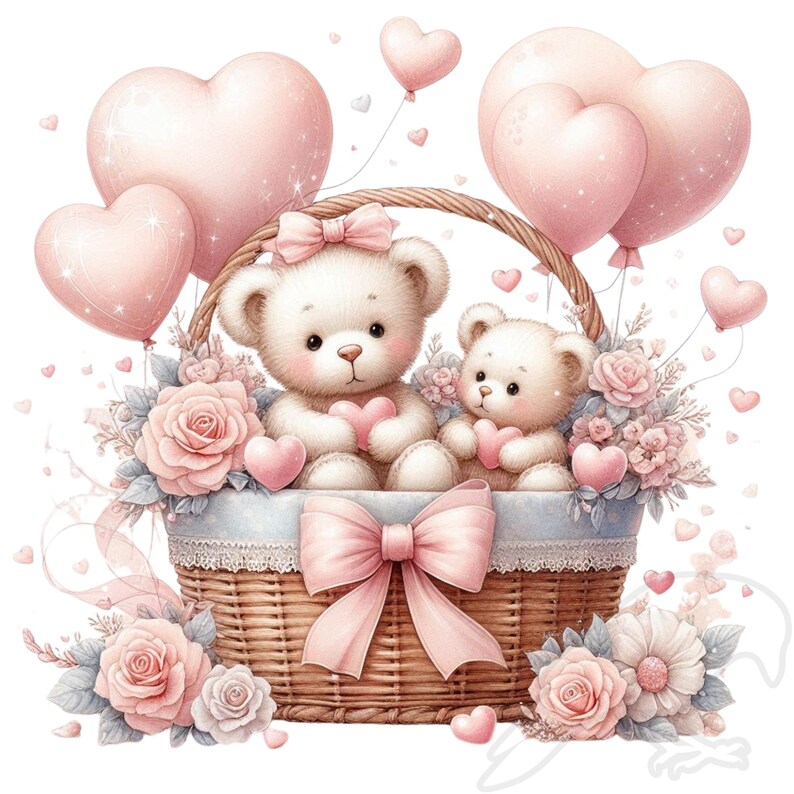 Pastel Watercolor Valentine Clipart: Teddy Bear & Hearts (PNG) - Etsy