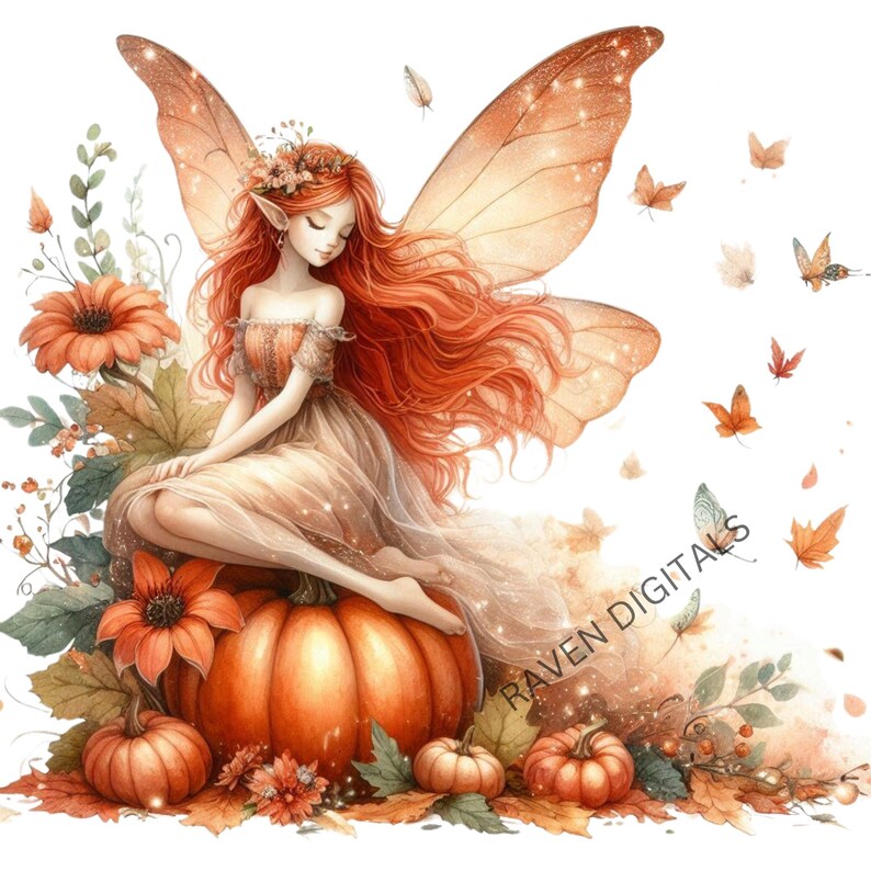 Garden Fairy, Watercolor Fairy Garden Fall Clipart Flowers, Pumpkin PNG ...