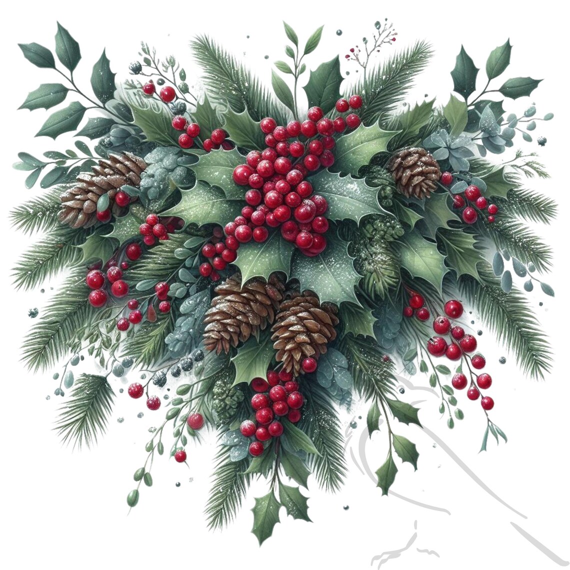 Watercolor Christmas Clipart: Holly & Greenery PNG Set (commercial Use ...