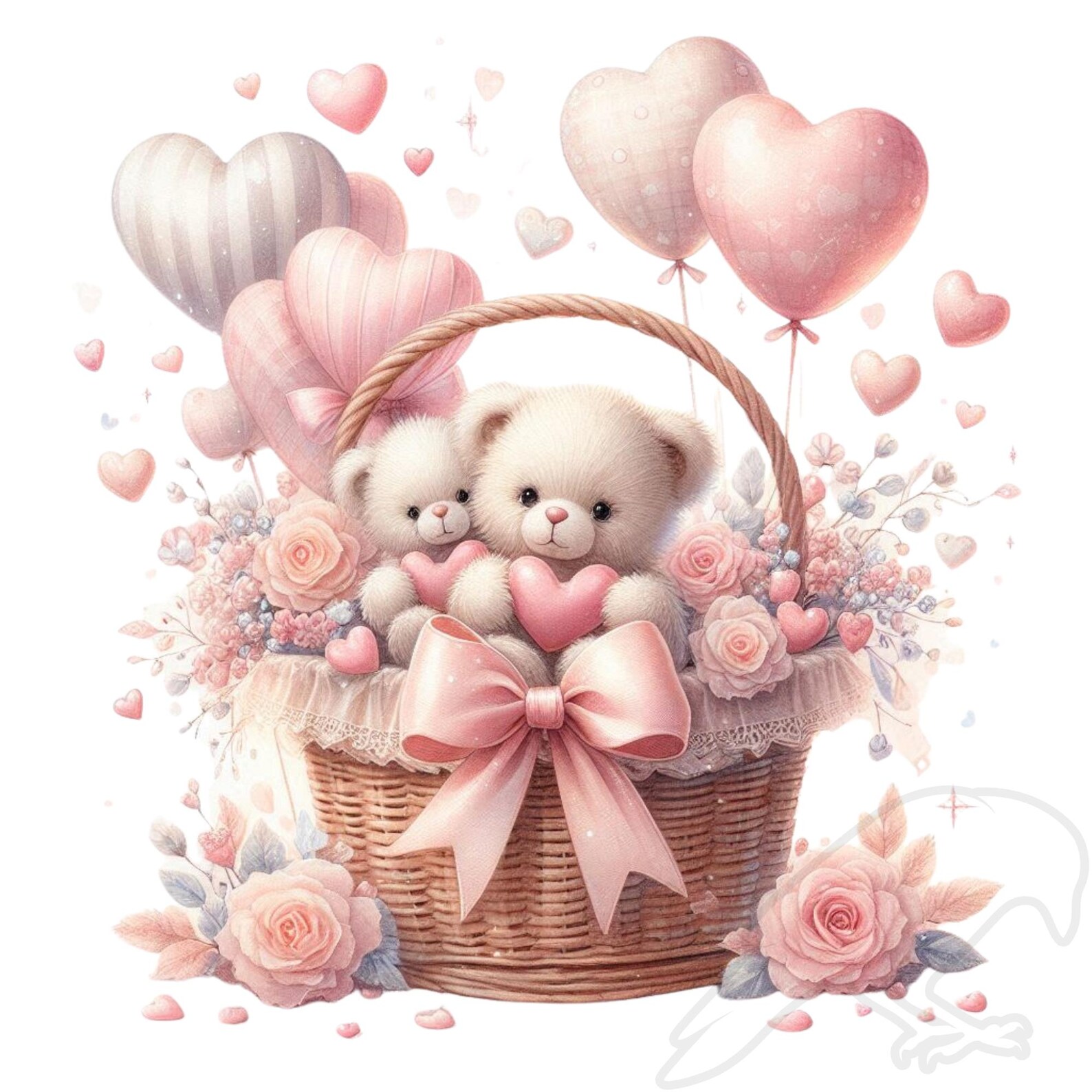 Pastel Watercolor Valentine Clipart: Teddy Bear & Hearts (PNG) - Etsy