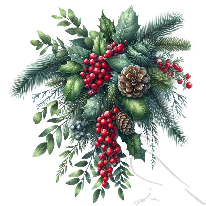 Watercolor Christmas Clipart: Holly & Greenery PNG Set (commercial Use ...