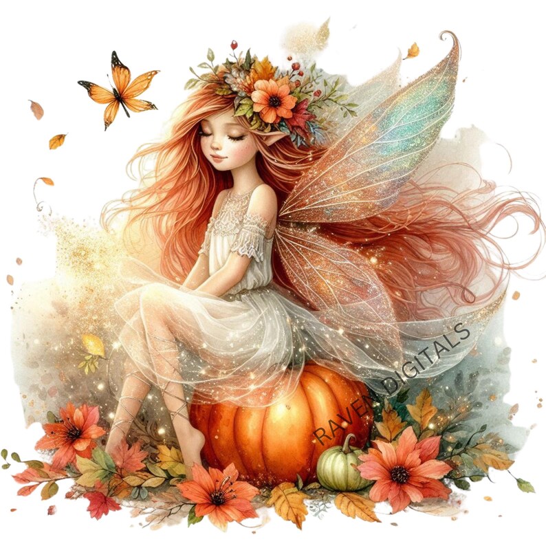 Garden Fairy, Watercolor Fairy Garden Fall Clipart Flowers, Pumpkin PNG ...