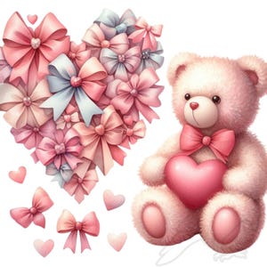 Pastel Watercolor Valentine Clipart: Teddy Bear & Hearts (PNG) Set of ...