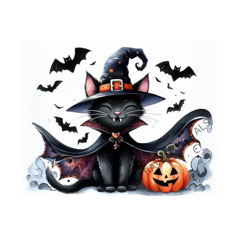 Halloween Cat ,watercolor Bat Cat, Vampire Cat, Spooky Bat, Halloween ...