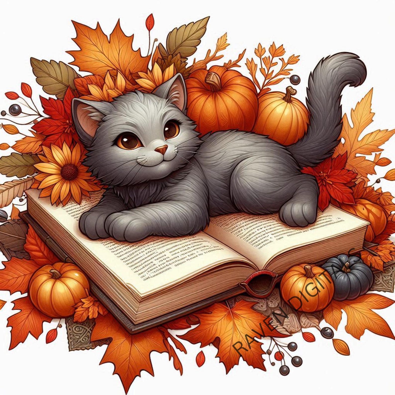 Fall Bookish Clipart, Book Lover,cute Cat PNG, Kitten Graphics, Autumn ...