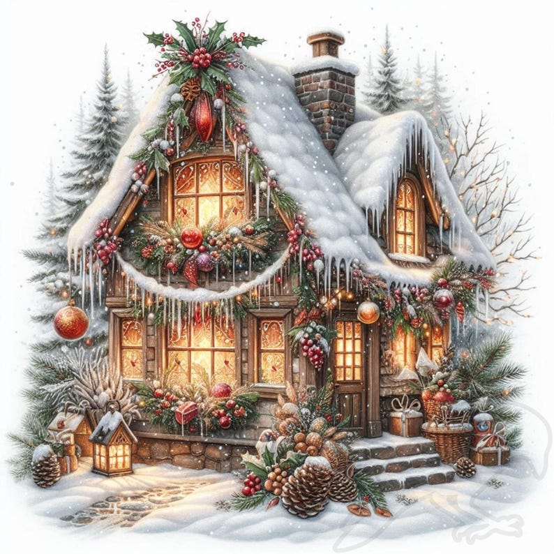 Christmas Clipart PNG: Cozy Winter Holiday House (set of 18) With ...