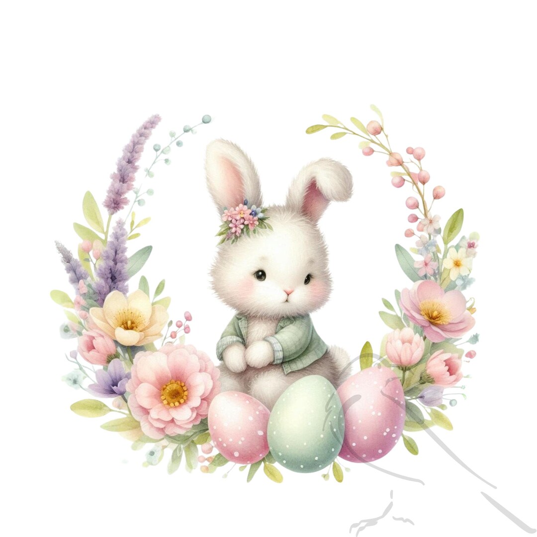 Watercolor Easter Bunny Clipart: Floral Wreath PNG Bundle (commercial ...