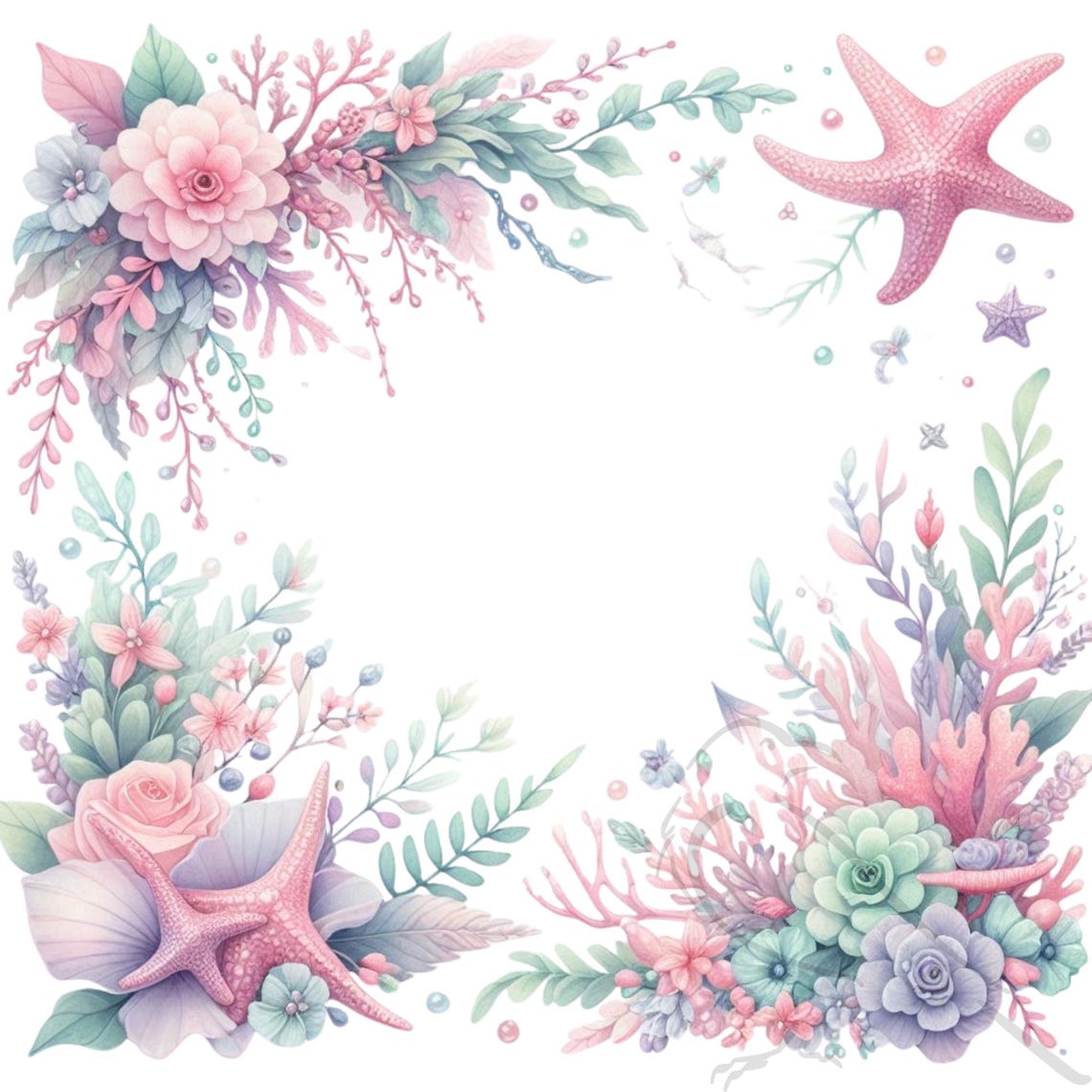 Mermaid Clipart Frame: Pastel Sea Animals (PNG, Instant Download) - Etsy