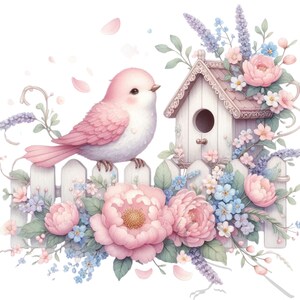 Bird Clipart, Bird House for Crafts & Design, Floral Accent Art Set of ...