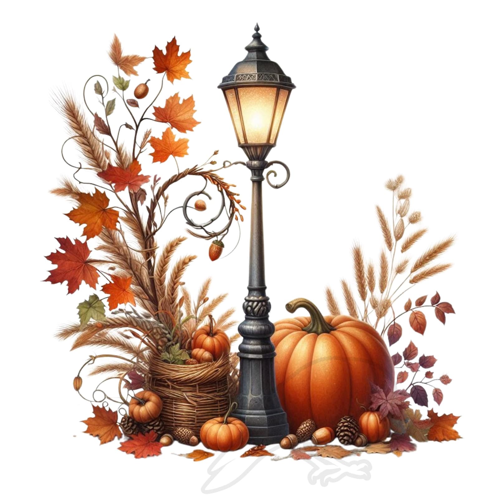 Autumn Clipart Set: Fall PNG Images, Lamppost Designs (commercial Use ...
