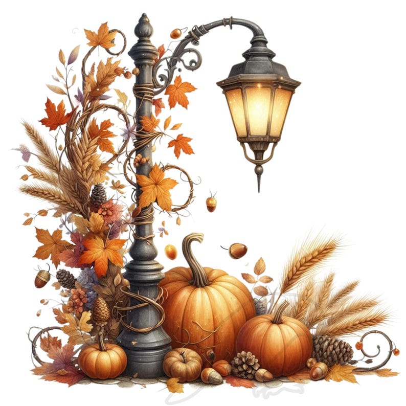 Autumn Clipart Set: Fall PNG Images, Lamppost Designs (commercial Use ...