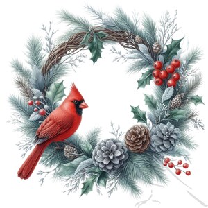 Cardinal Christmas Wreath Clipart: Watercolor Flowers (commercial Use ...