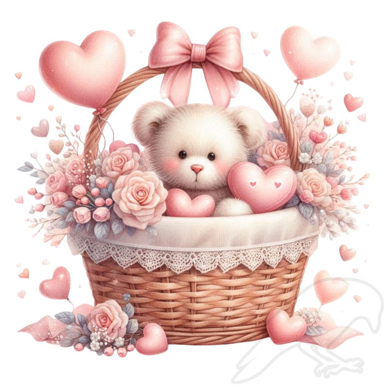 Pastel Watercolor Valentine Clipart: Teddy Bear & Hearts (PNG) - Etsy