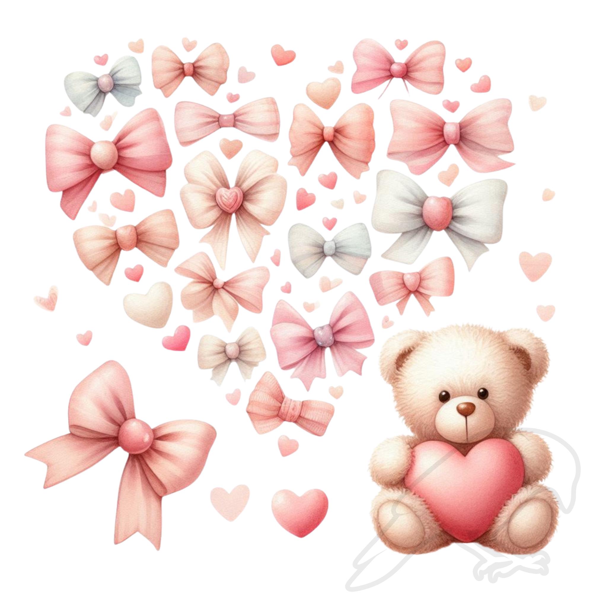 Pastel Watercolor Valentine Clipart: Teddy Bear & Hearts (PNG) Set of ...