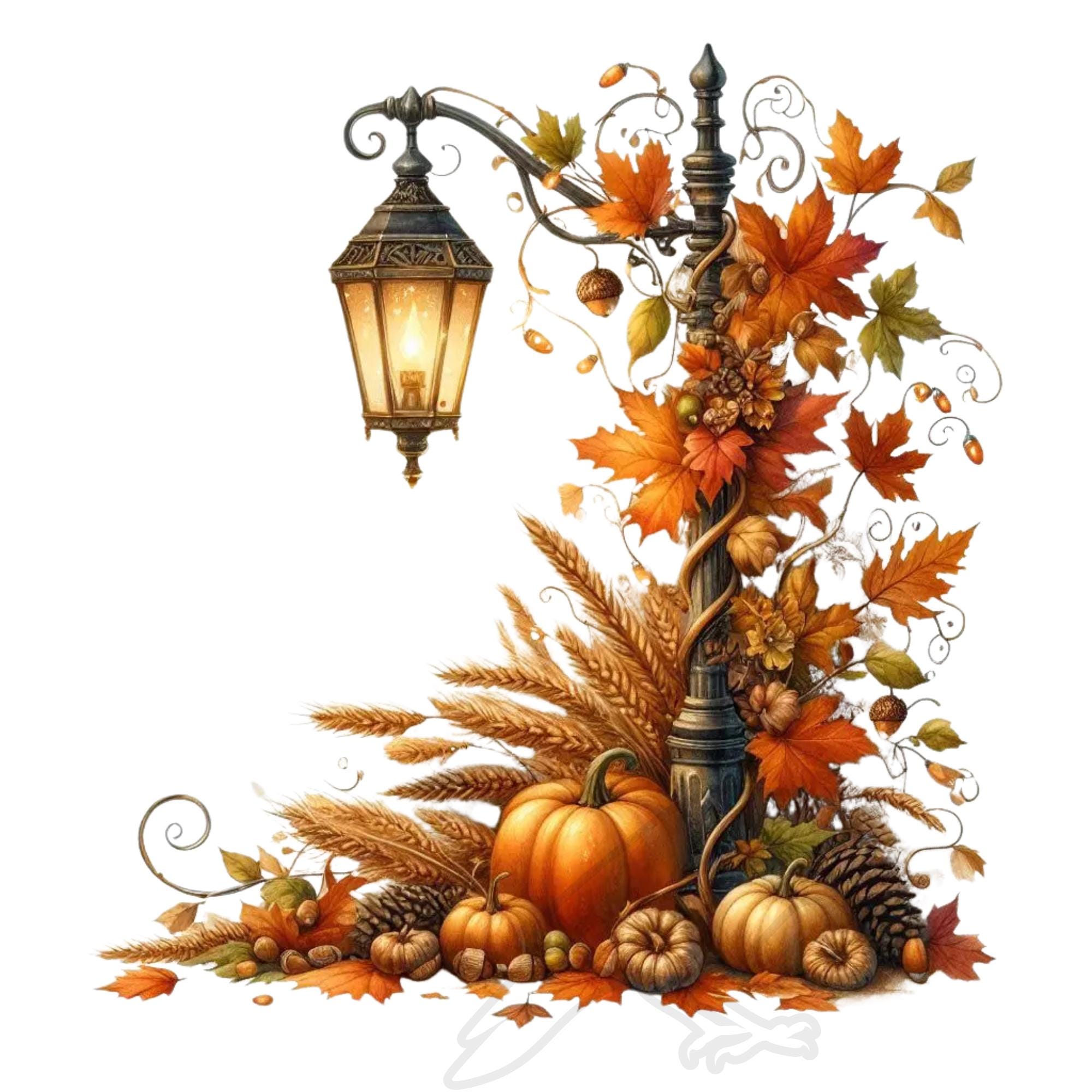 Autumn Clipart Set: Fall PNG Images, Lamppost Designs (commercial Use ...
