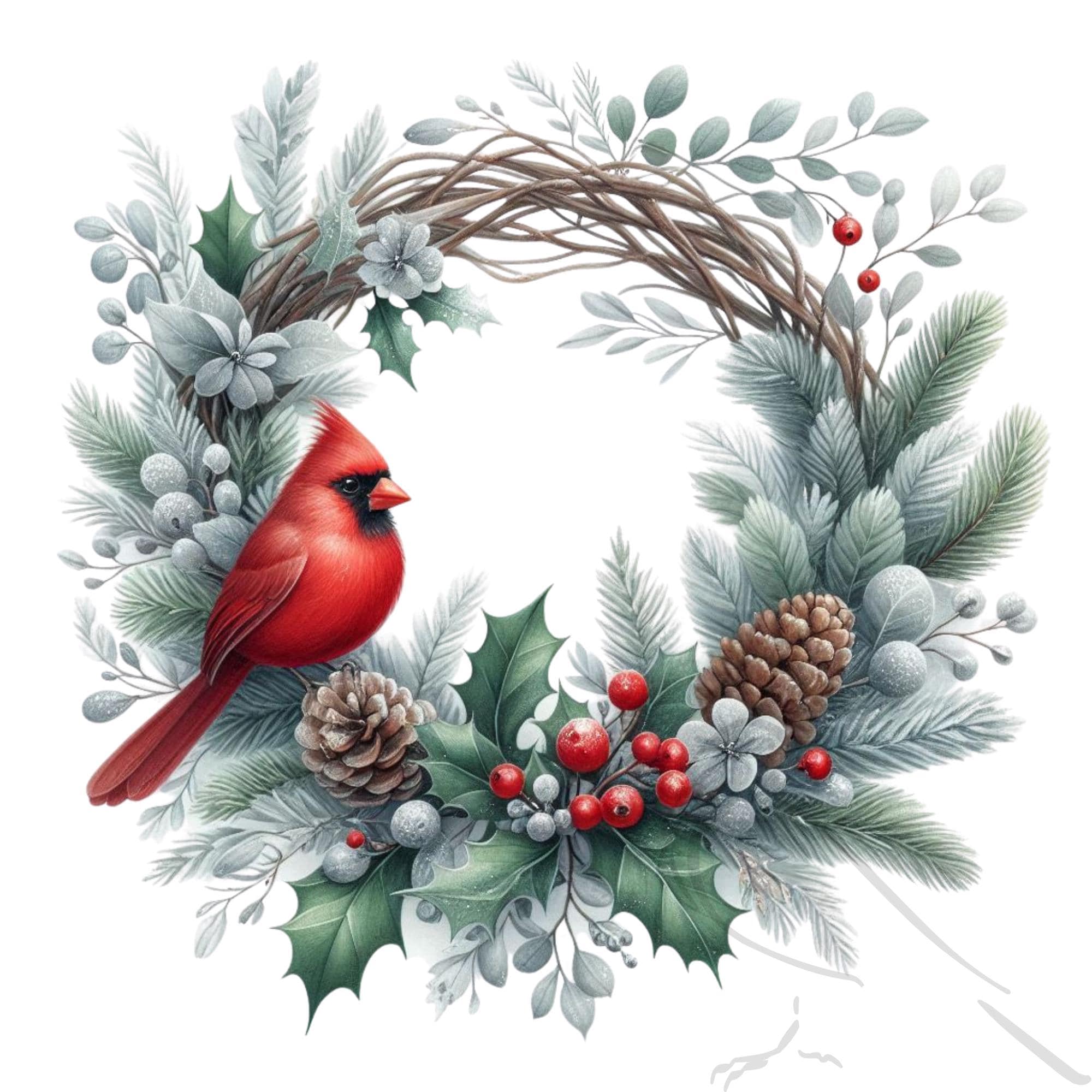 Cardinal Christmas Wreath Clipart: Watercolor Flowers (commercial Use ...