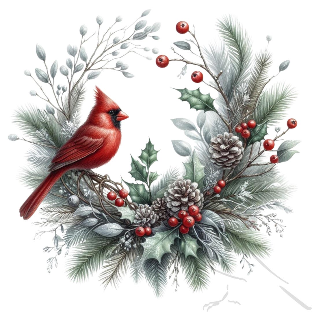 Cardinal Christmas Wreath Clipart: Watercolor Flowers (commercial Use ...