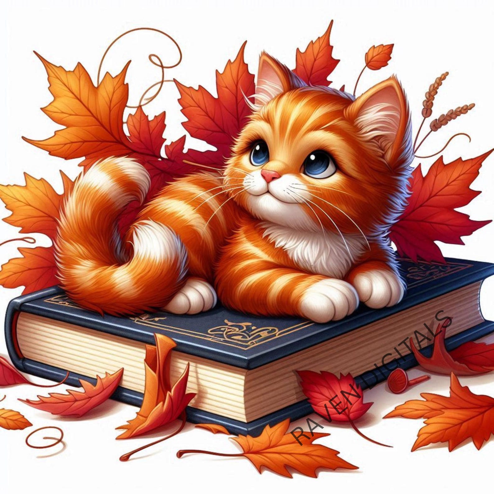 Fall Bookish Clipart, Book Lover,cute Cat PNG, Kitten Graphics, Autumn ...