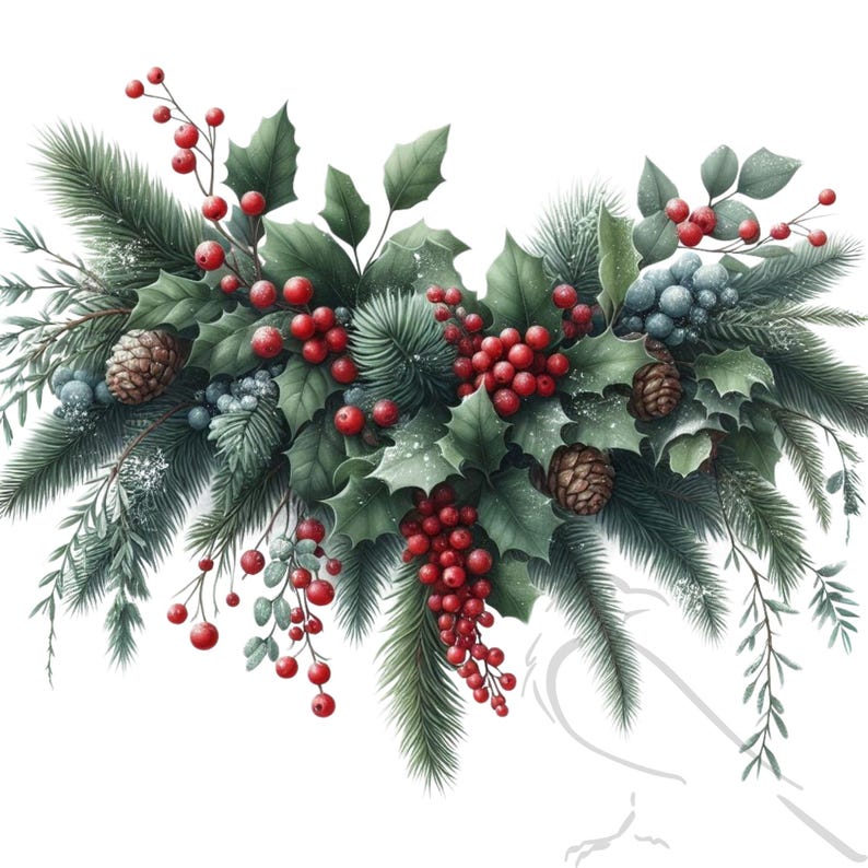 Watercolor Christmas Clipart: Holly & Greenery PNG Set (commercial Use ...