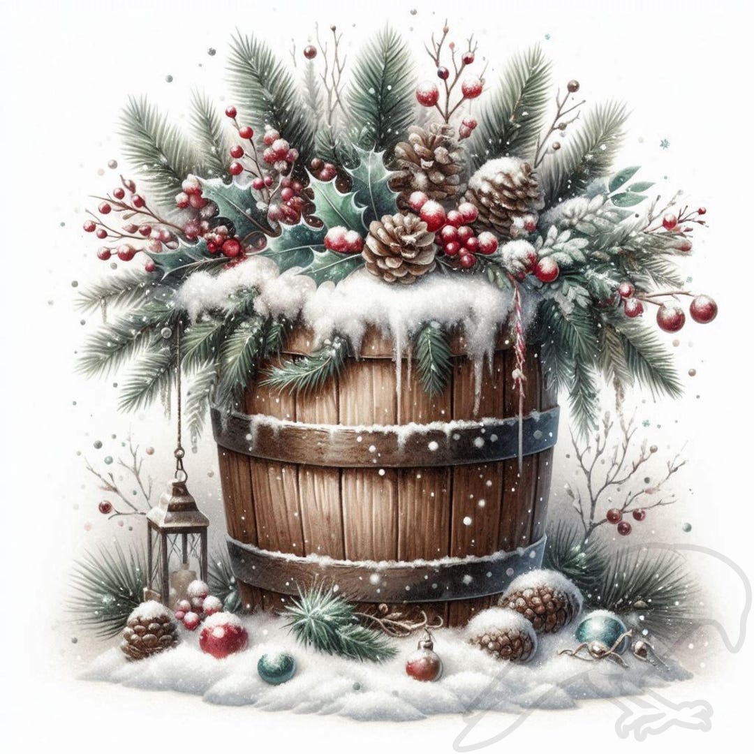 Christmas Watercolor Barrel Clipart: Holiday PNG Set (digital Download ...
