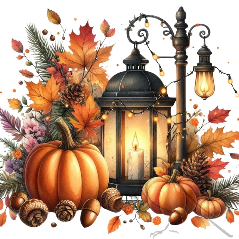 Autumn Clipart Set: Fall PNG Images, Lamppost Designs (commercial Use ...
