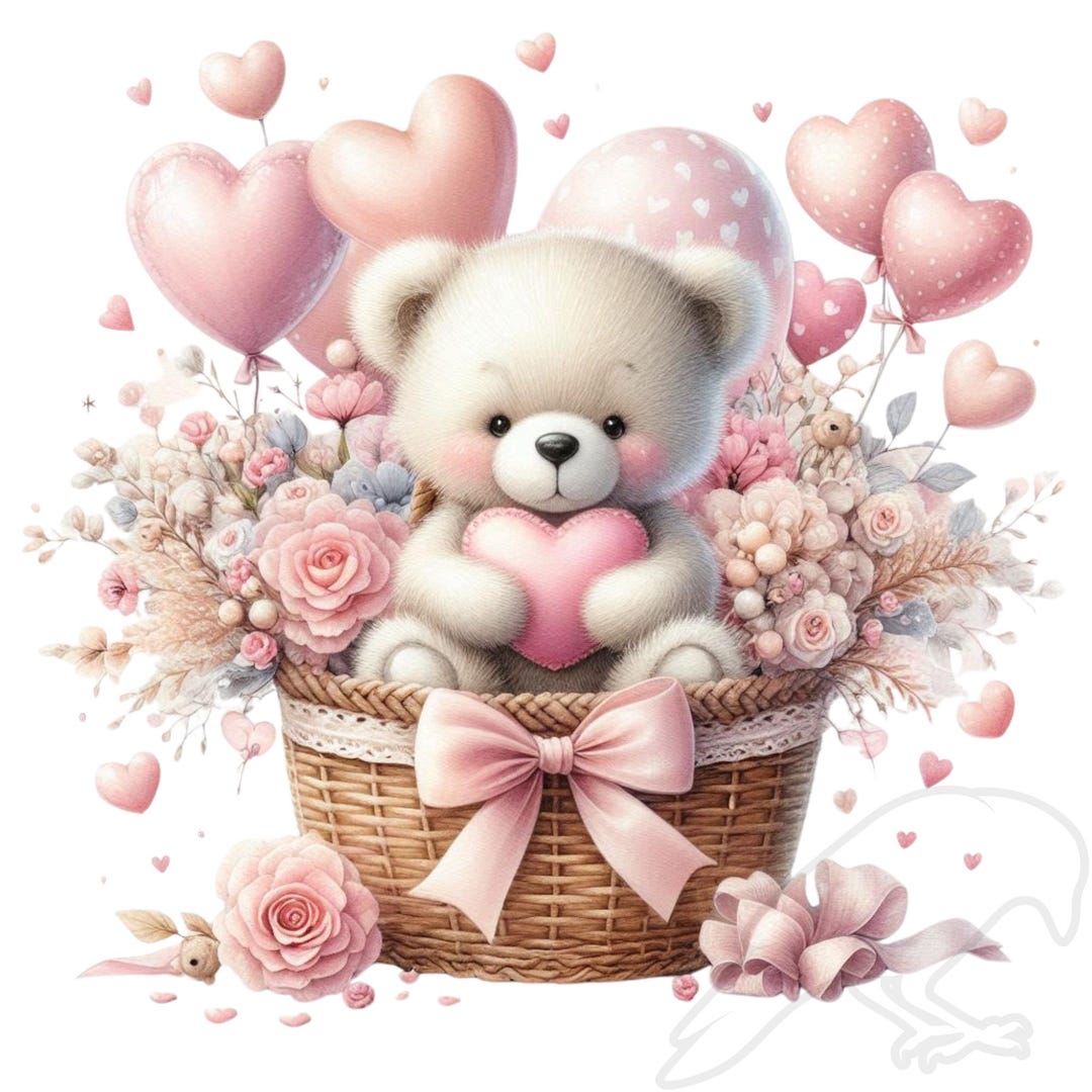 Pastel Watercolor Valentine Clipart: Teddy Bear & Hearts (PNG) - Etsy