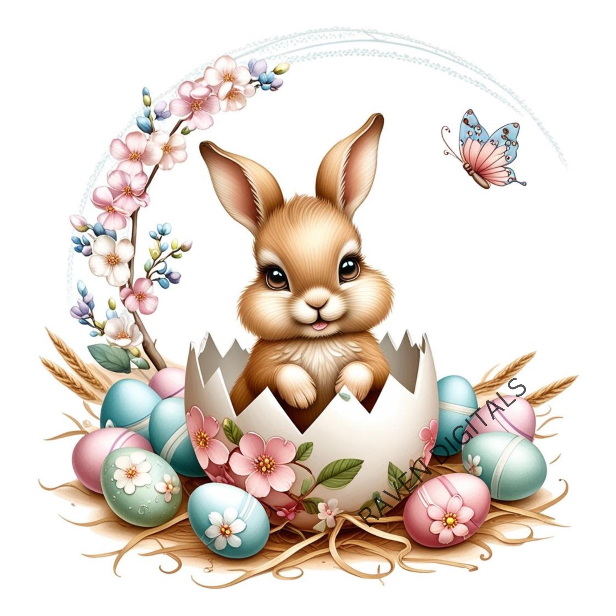 Watercolor Easter Bunny Clipart: Floral Egg PNG Bundle (commercial Use ...