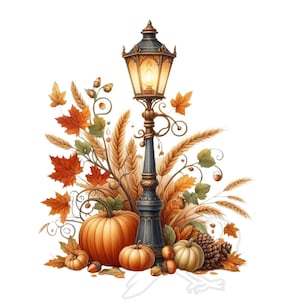 Autumn Clipart Set: Fall PNG Images, Lamppost Designs (commercial Use ...