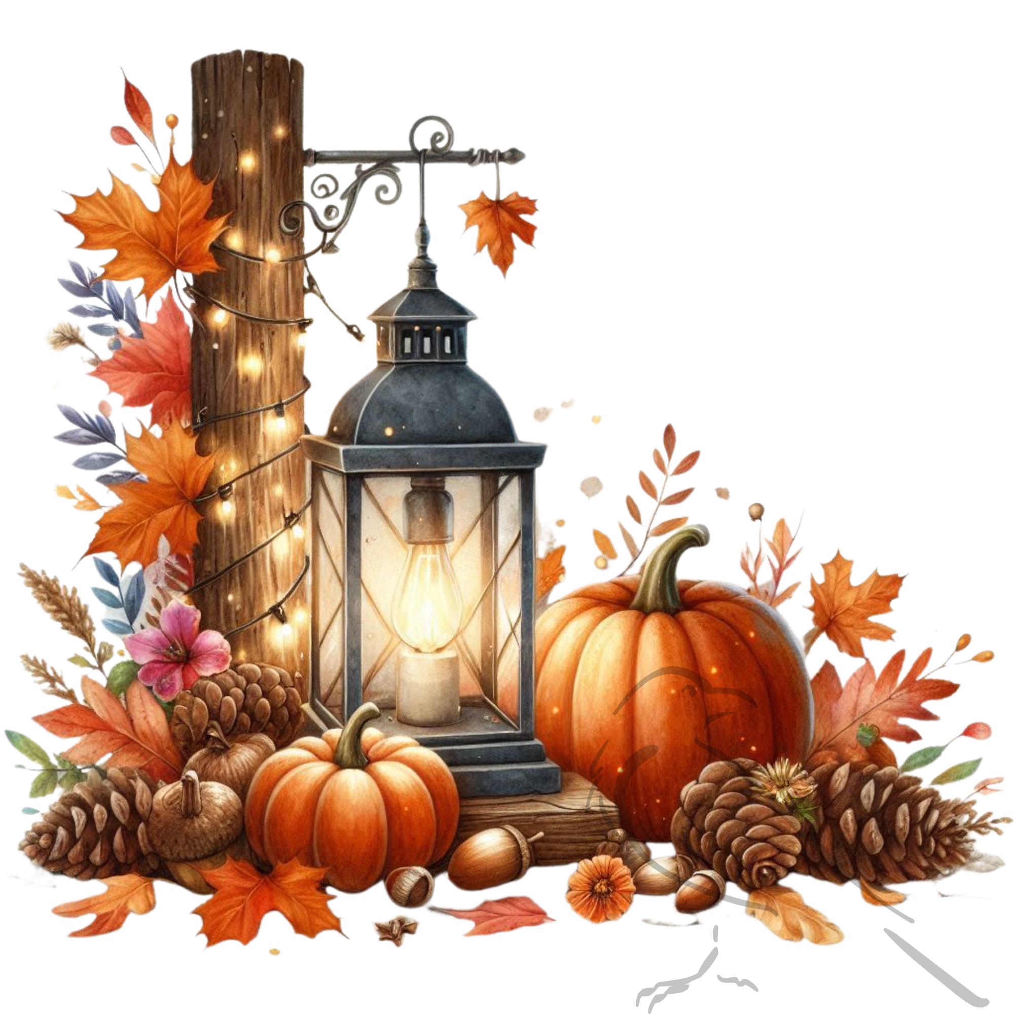 Autumn Clipart Set: Fall PNG Images, Lamppost Designs (commercial Use ...