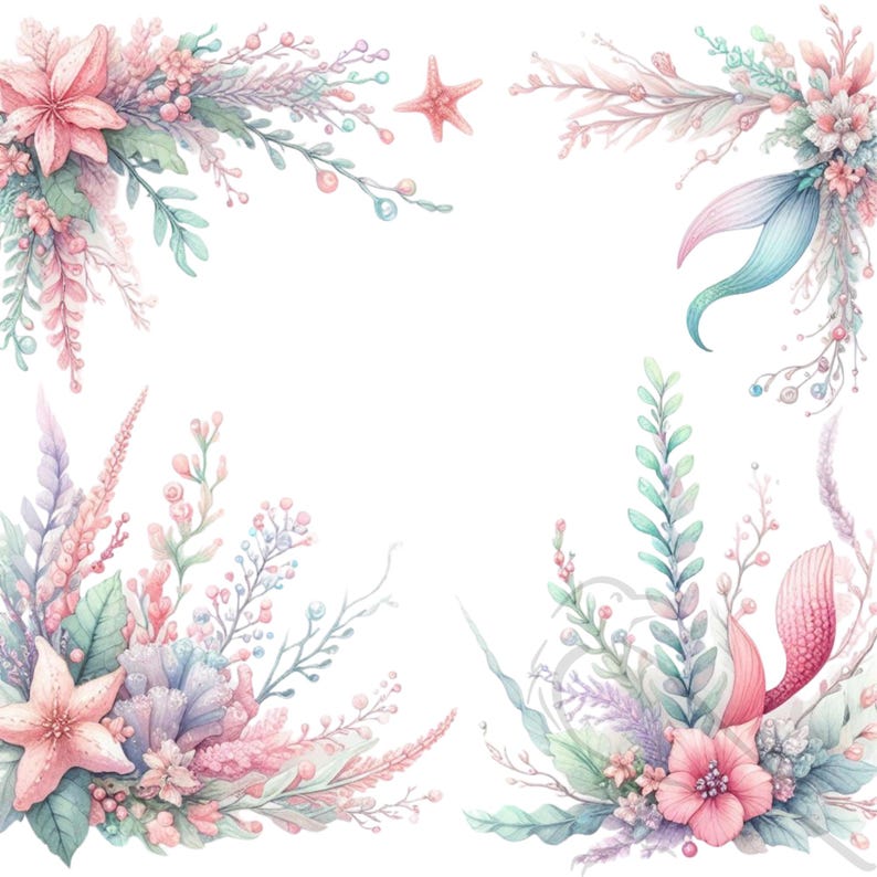 Mermaid Clipart Frame: Pastel Sea Animals (PNG, Instant Download) - Etsy