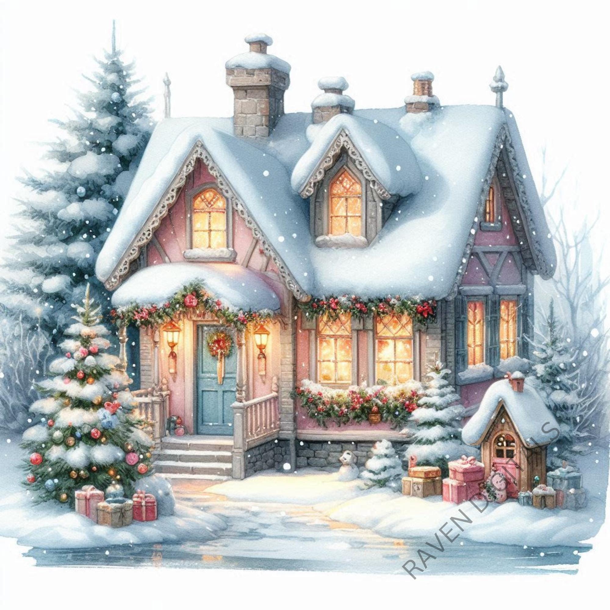Watercolor Christmas Cottage Clipart, 24 PNG Files With Transparent ...