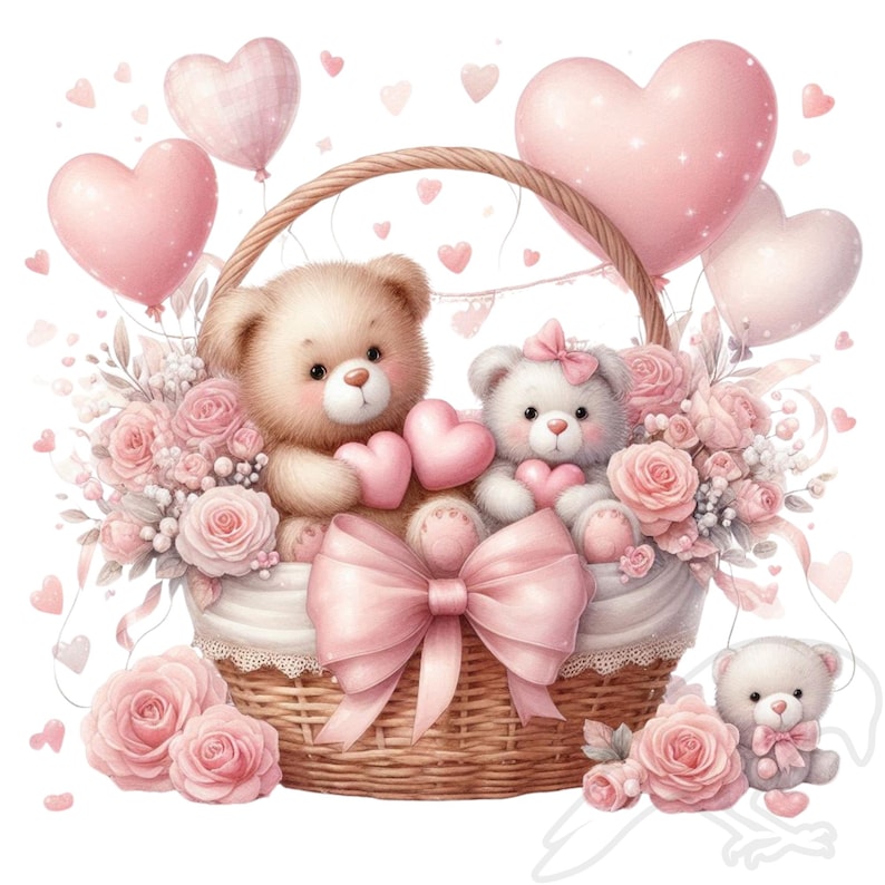 Pastel Watercolor Valentine Clipart: Teddy Bear & Hearts (PNG) - Etsy