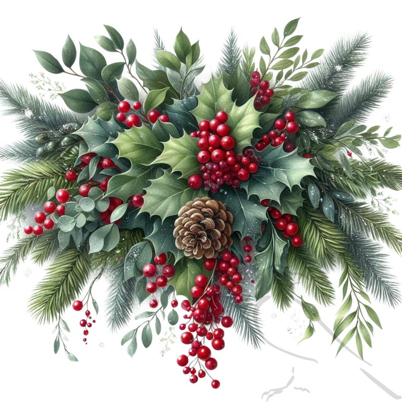 Watercolor Christmas Clipart: Holly & Greenery PNG Set (commercial Use ...