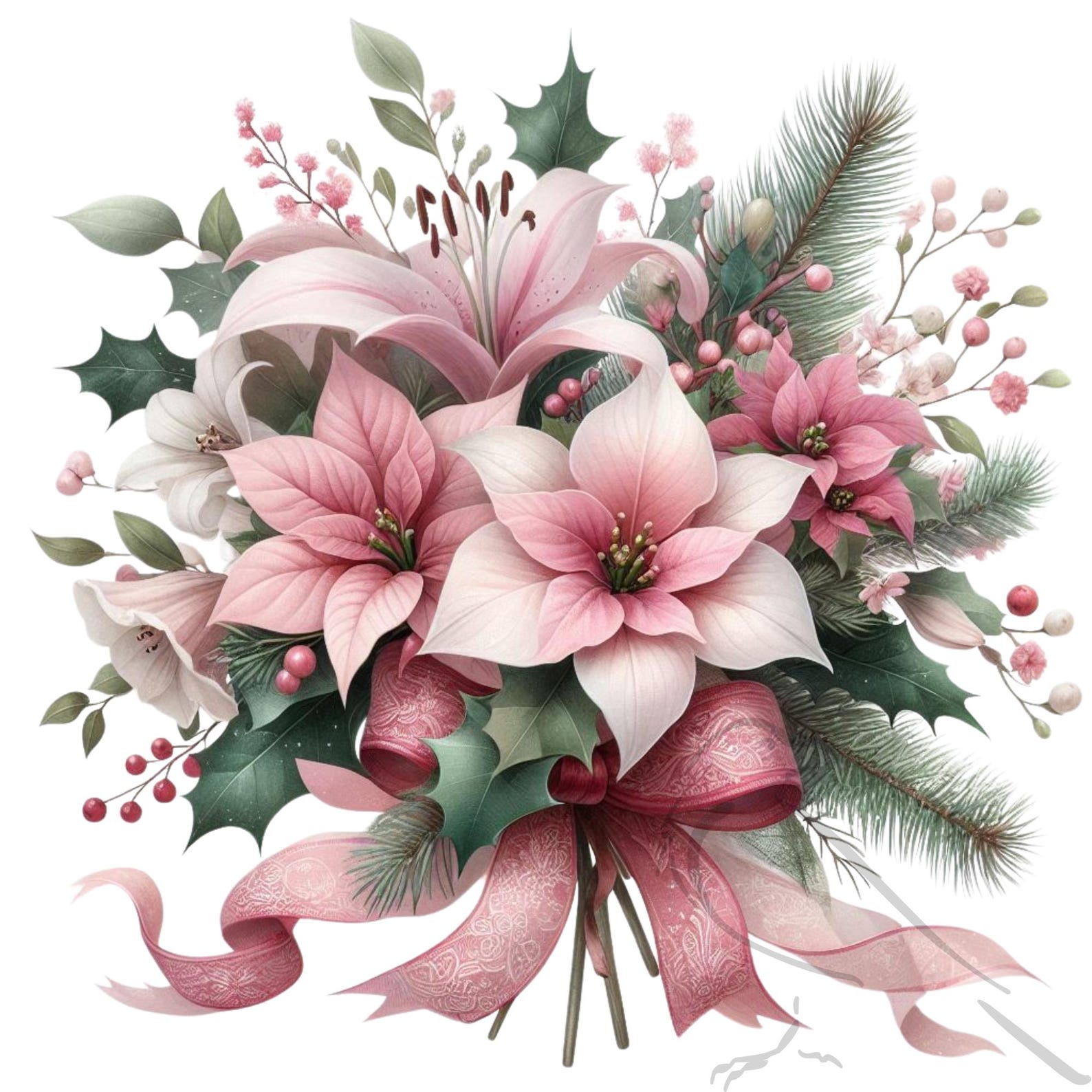 Pink Christmas PNG, Floral Clipart, Poinsettia Florals,20 Commercial ...