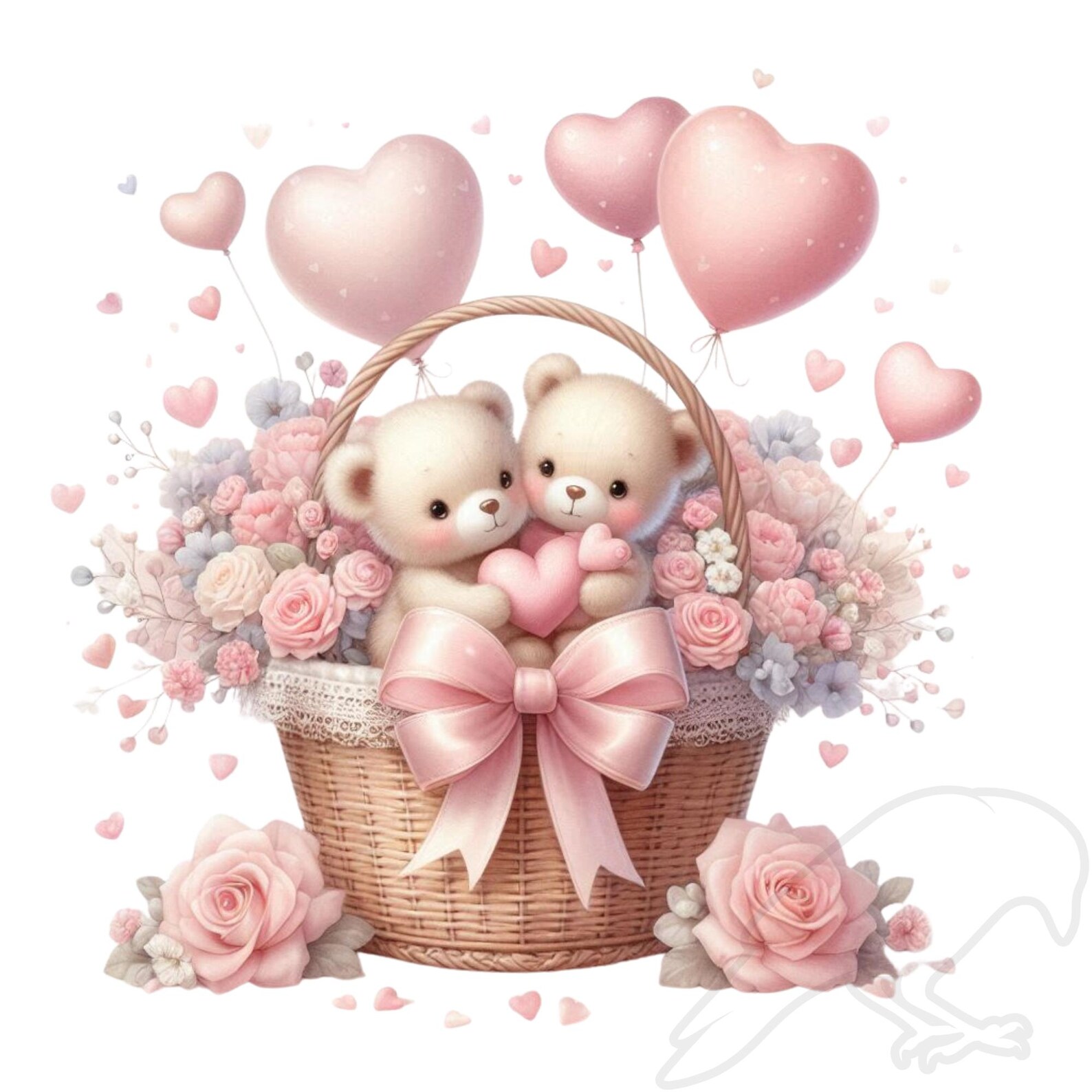 Pastel Watercolor Valentine Clipart: Teddy Bear & Hearts (PNG) - Etsy