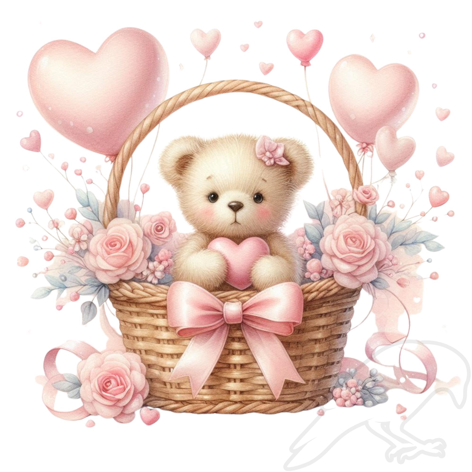 Pastel Watercolor Valentine Clipart: Teddy Bear & Hearts (PNG) - Etsy