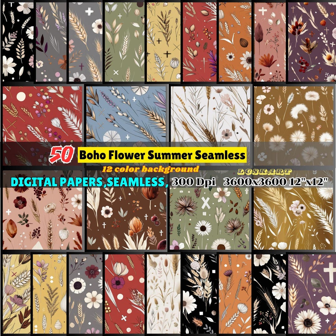 50 Boho Flower Summmer Seamless Digital Papers, Boho Scrapbook Paper ...