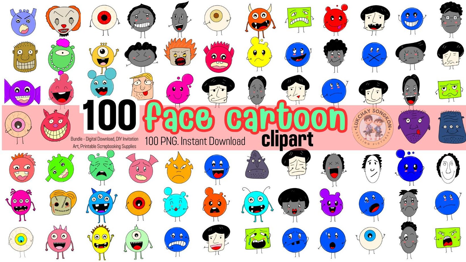 100 Face Cartoon Clip Art,100 Png Face Cartoon Digital Art,bundle ...